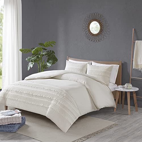 Madison Park Amaya 100% Cotton Duvet Set - Seersucker Design with Tassel Trims Accent, Breathable Cover for Comforter, All Season Bedding with Matching Sham, Full/Queen(90"x90") Ivory 3 Piece