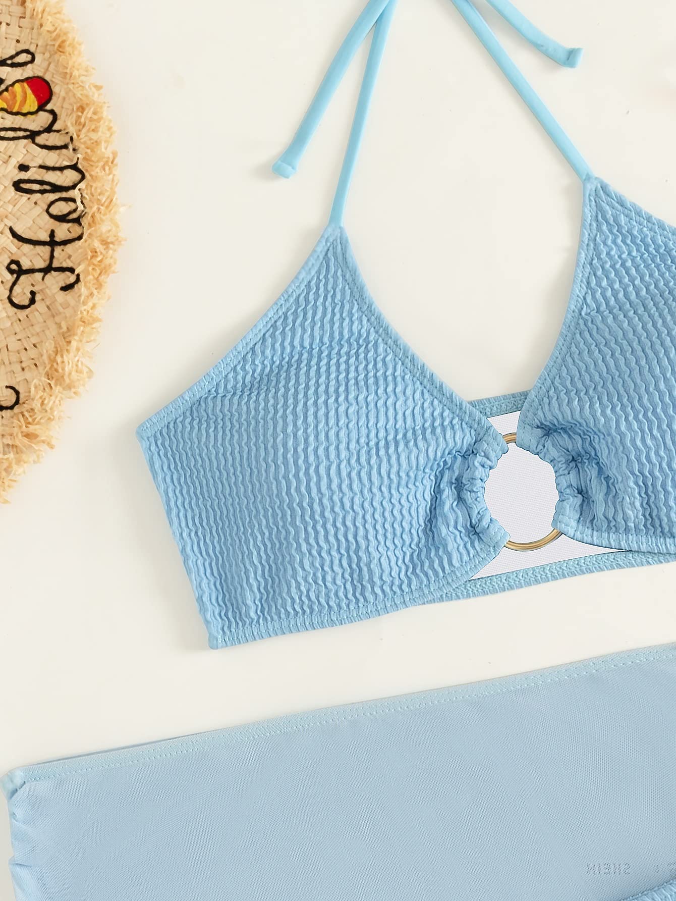 MakeMeChic Women's 3 Piece Bathing Suits Halter Ring Bikini Set with Cover Up Skirt Light Blue S