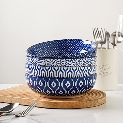Selamica Ceramic 50 Ounce Pasta Bowls Set of 4, 8.6 Inch Large Salad Bowls, Wide and Shallow Porcelain Soup Bowls, Stackable Serving Bowls, Microwave Dishwasher Safe, Christmas Gift, Vintage Blue