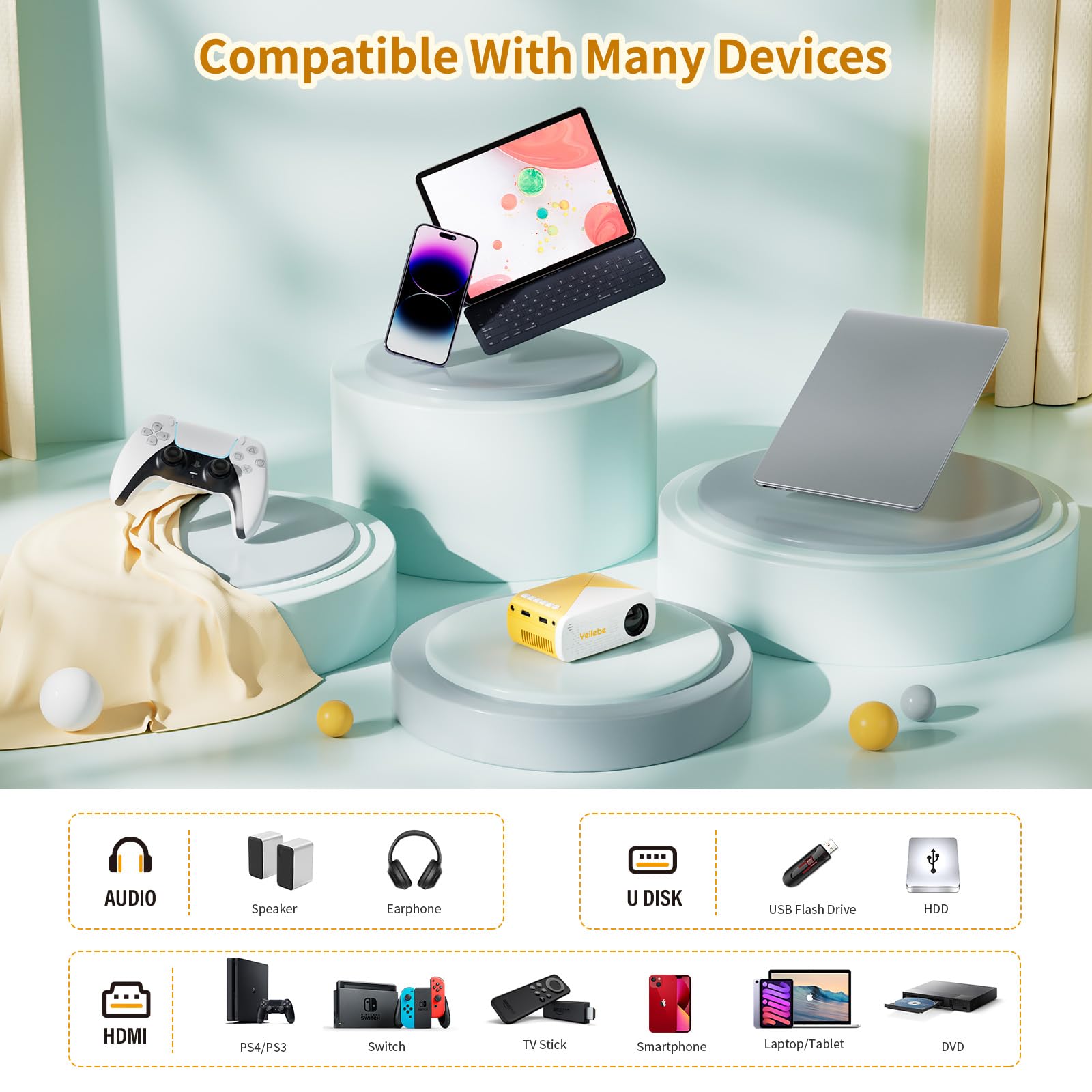 Mini Projector, yeilebe Video Projector, Portable Projector Supported 1080P Full HD & 170" Display Compatible with Phone,TV Stick,PS4 Mini projector Great for Home Theater Outdoor Movies
