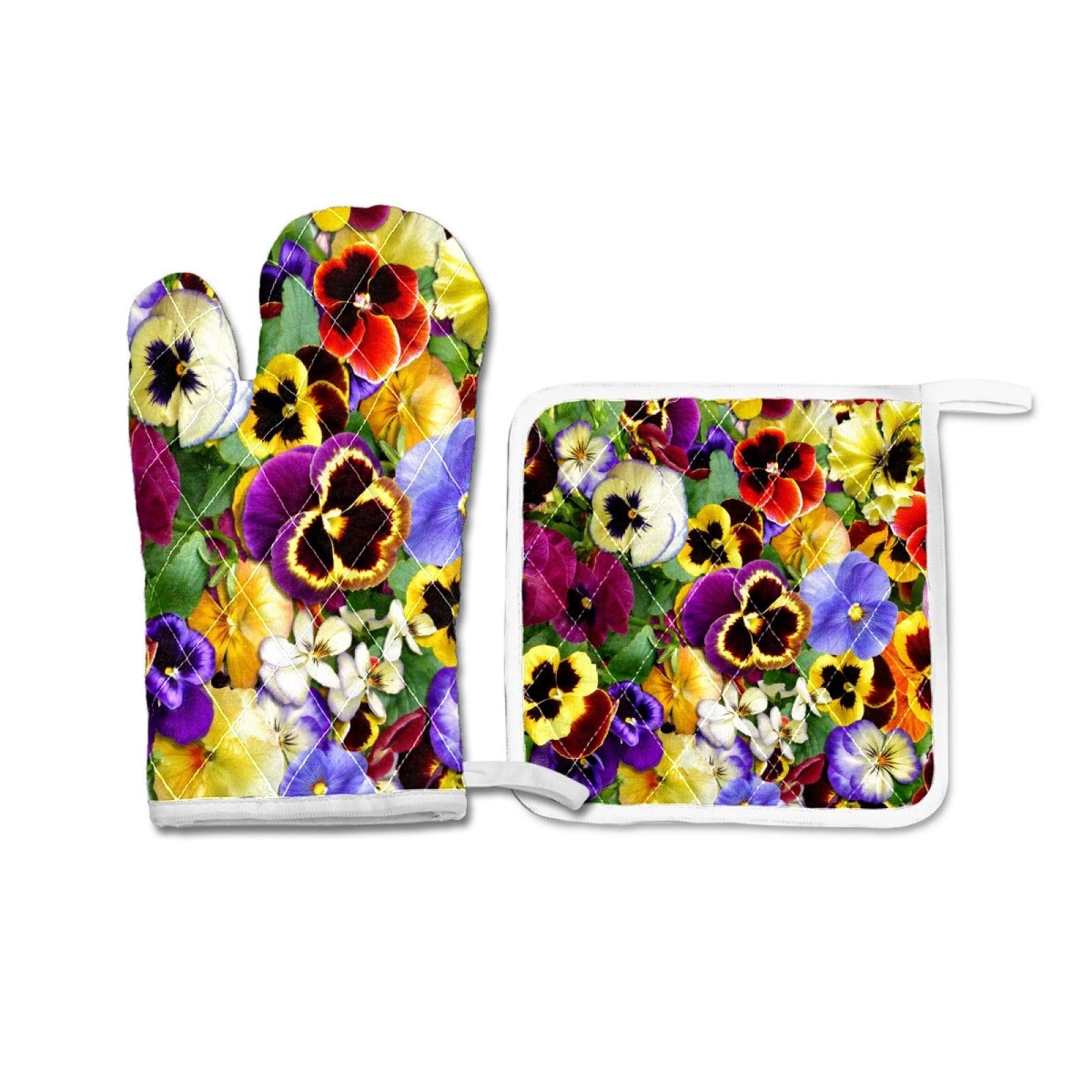 Oven Mitts and Pot Holders Set,Oven Glove Cooking Mitts Hot Pad,Flower Pansies Heat Resistant Kitchen Cooking Mitts Gift for Baking Grilling