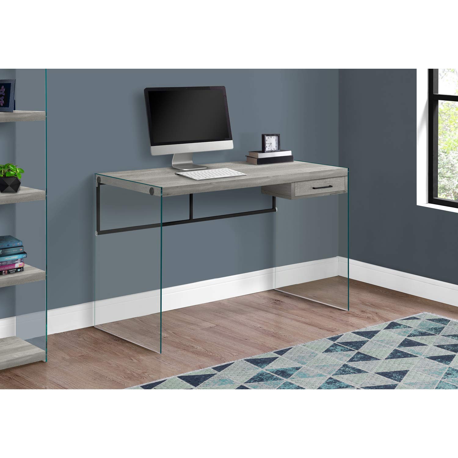 Monarch Specialties Computer Desk - Contemporary Writing Desk with Drawer - Tempered Glass Legs - 48"L (Grey Reclaimed Wood Look)