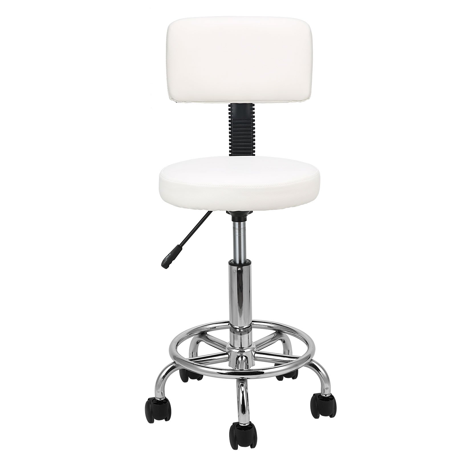 Voilamart PU Leather Round Rolling Stool with Backrest Adjustable Swivel Hydraulic Gas Lift Stool for Tattoo Therapy Beauty Massage Spa Salon, White