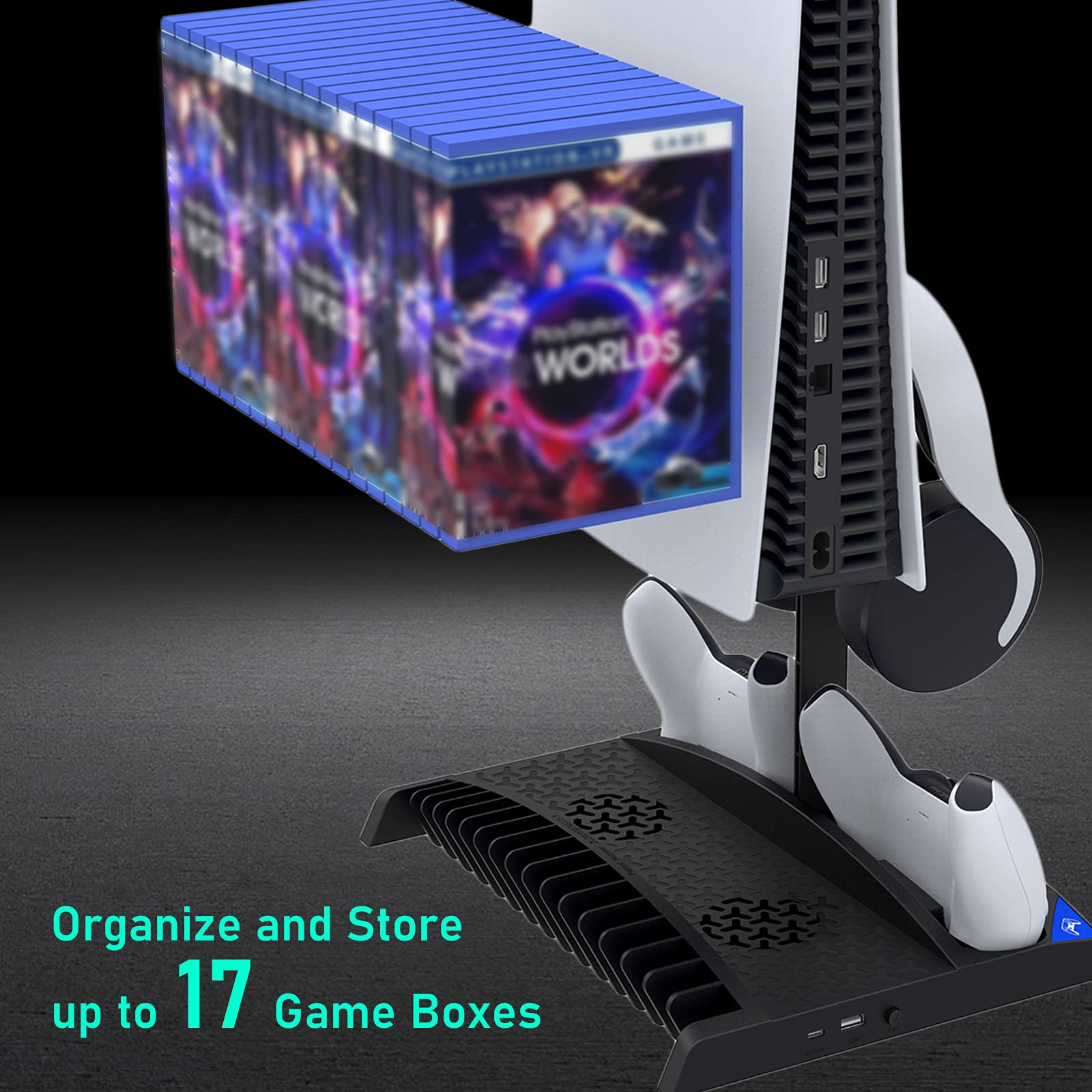NexiGo Upgraded Vertical Stand with Cooling Fans for PS5 Disc & Digital Editions, Dual Controllers Charger, Built-in Game Storage and Headset Holder, 17 Game Rack Organizer, Black