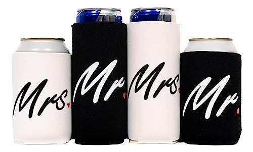 QualityPerfection Can Cooler Sleeves (2 Sets Regular + 2 Sets Slim) Insulated, Beer/Energy Drink Neoprene 4mm Thickness Thermocoolers for 12 oz Tall Skinny Beverage 4 Pack (Mr & Mrs