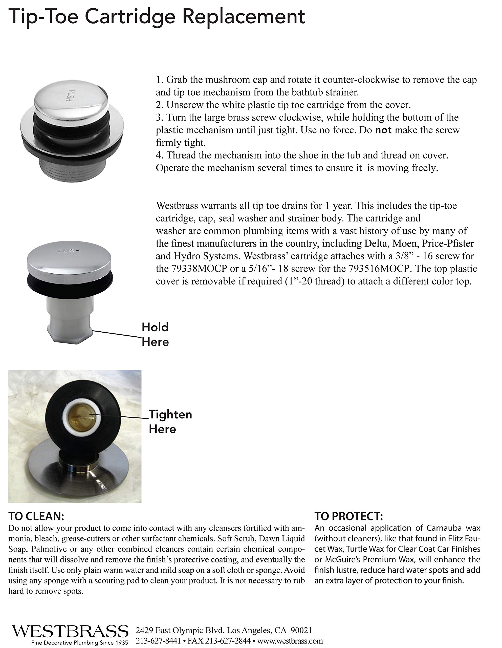 Westbrass 793516MOCP Replacement Tip-Toe Bathtub Drain Stopper with 5/16" Stem, 1-Pack, Polished Chrome
