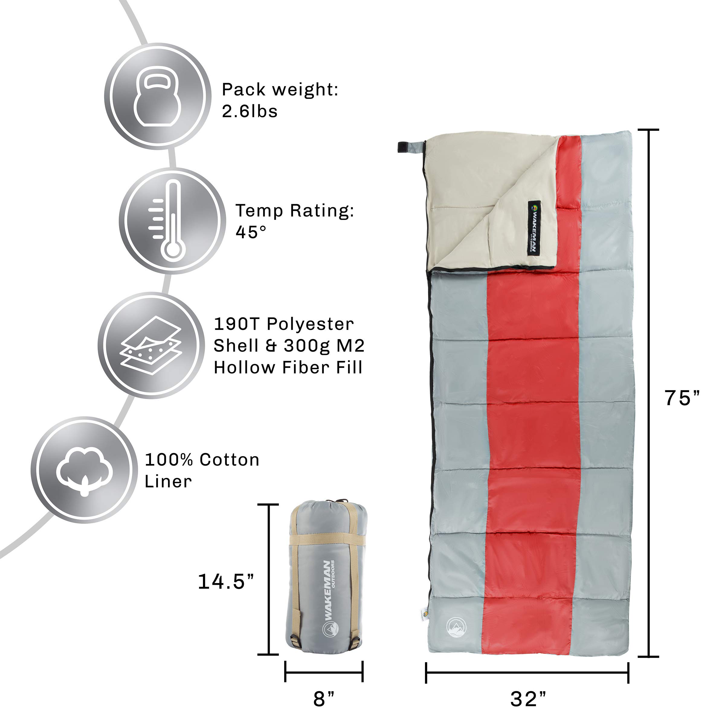 Lightweight Sleeping Bag - Carrying Bag with Compression Straps Included - for Adults, Kids, Camping, Backpacking, and Sleepovers by Wakeman Outdoors