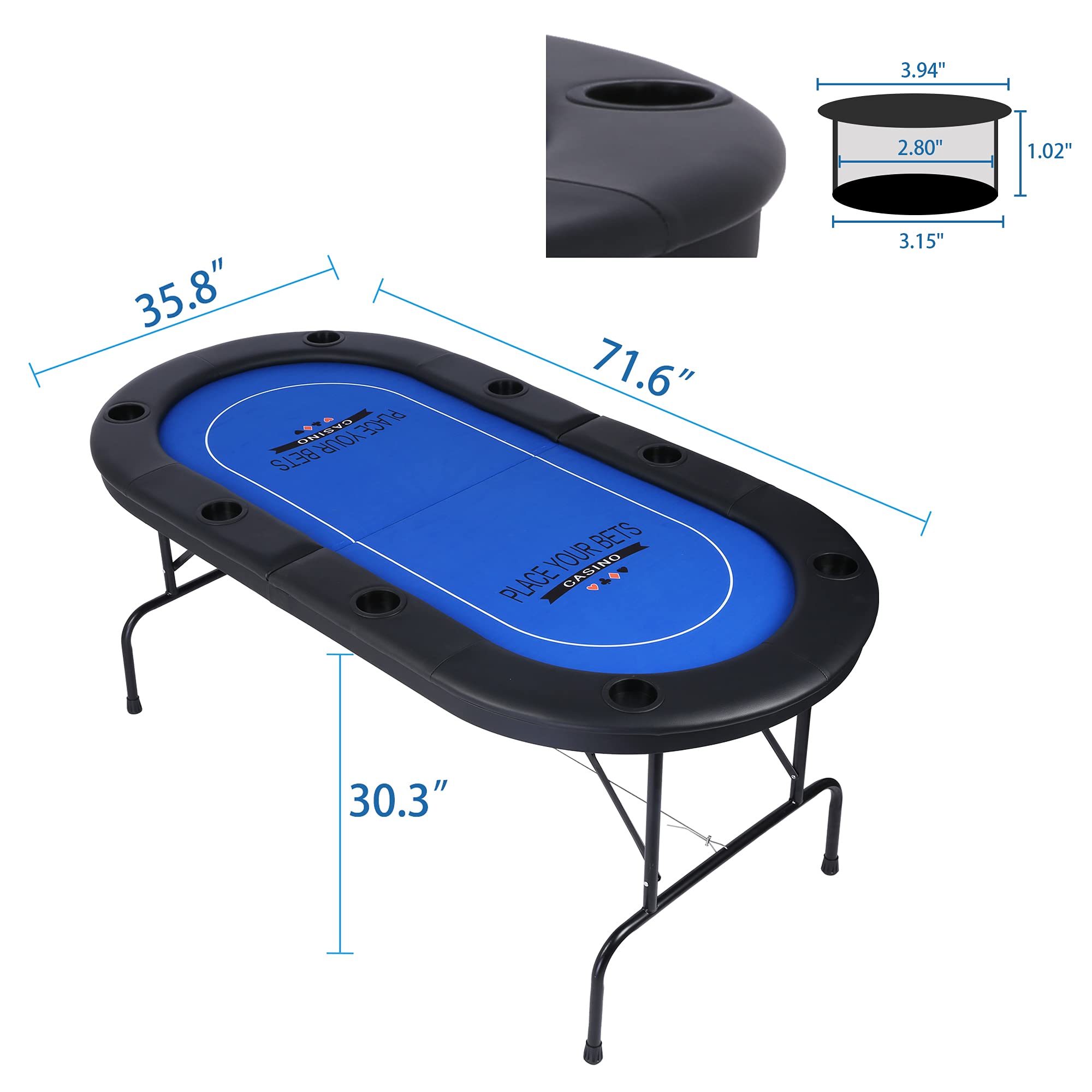 Vilobos Poker Table Foldable 6-8 Players Folding Poker Table Fully Assembled Casino-Style Texas Hold'em Poker Table with Faux Leather Padded Rails and Cup Holders, Blue