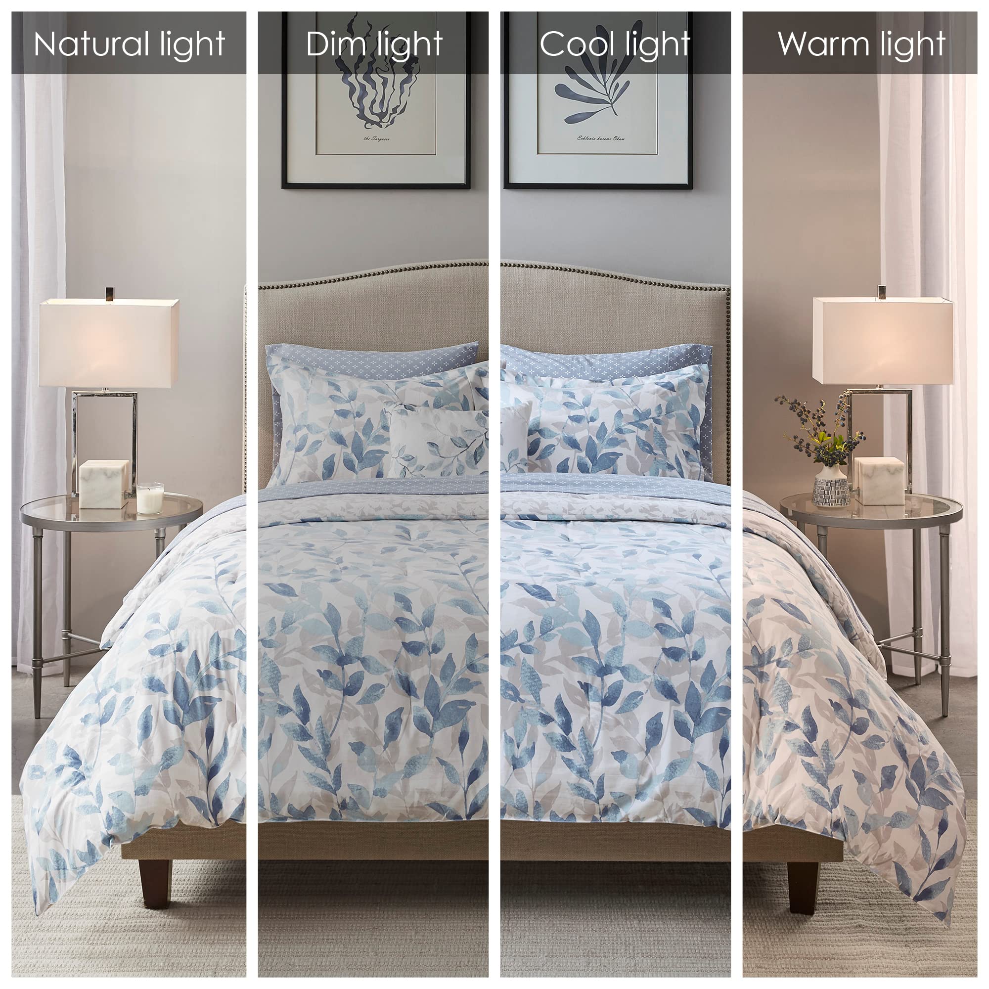 Madison Park Essentials Cozy Bed in a Bag Reversible Comforter with Complete Sheet Set - Modern Botanical Print All Season Cover, Shams, Decorative Pillow, King(104"x92"), Blue 8 Piece