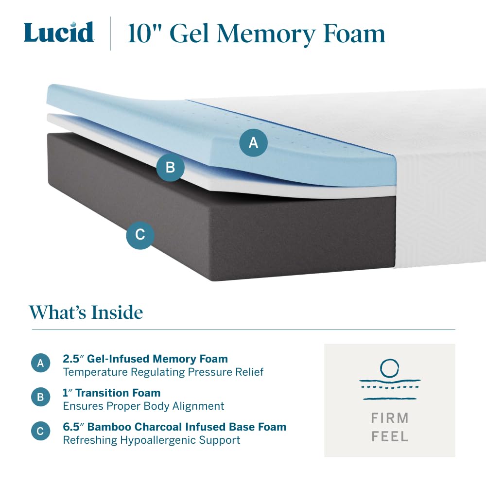 LUCID 10 Inch Memory Foam Mattress - Firm Feel - Infused with Bamboo Charcoal and Gel - Bed in a Box - Temperature Regulating - Pressure Relief - Breathable - Full Size