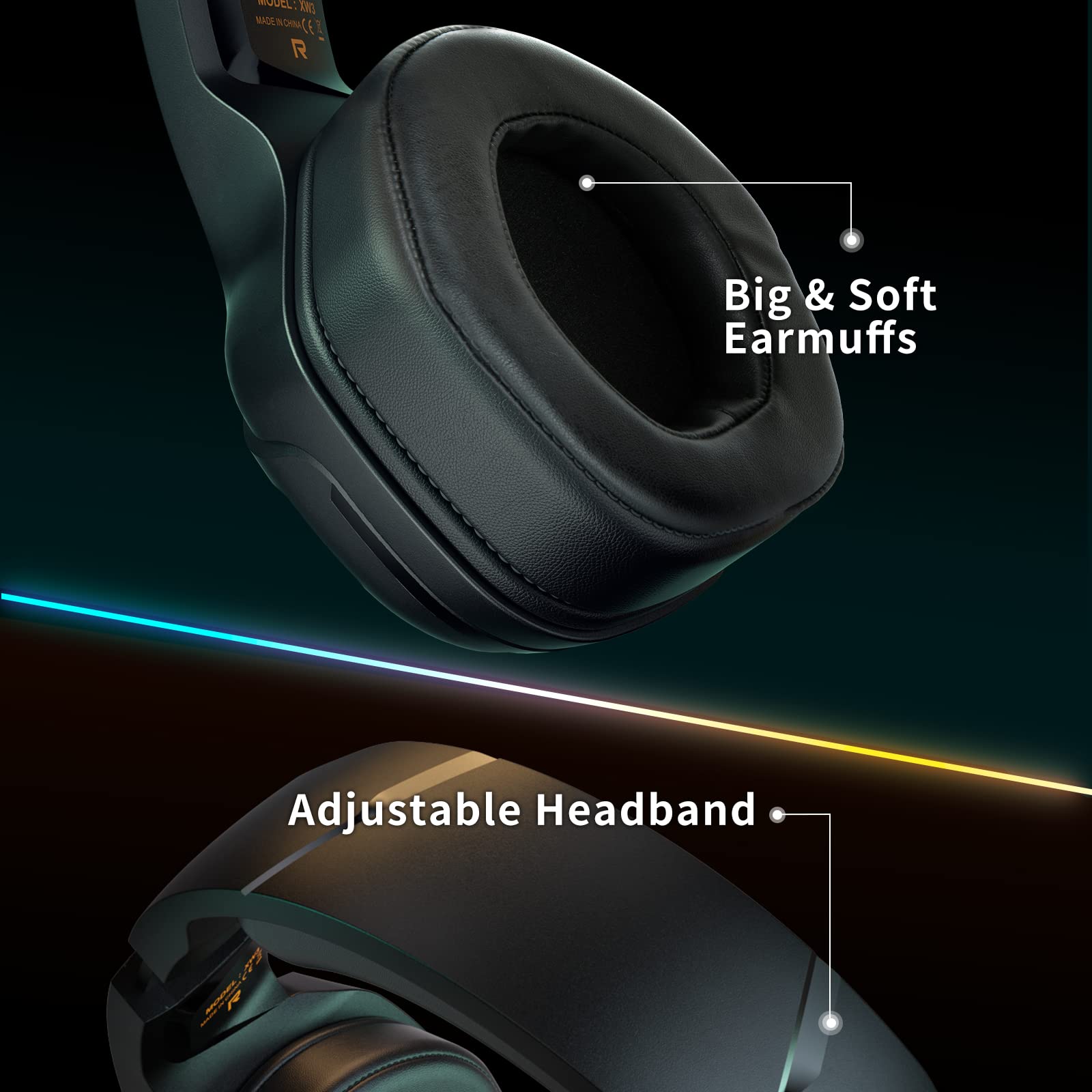 Tatybo Gaming Headset with Mic for PC PS4 PS5 Xbox One Series X/S Switch, PS4 Headset with Super Big Earmuffs & 4 Modes RGB Light, Black (XW3)