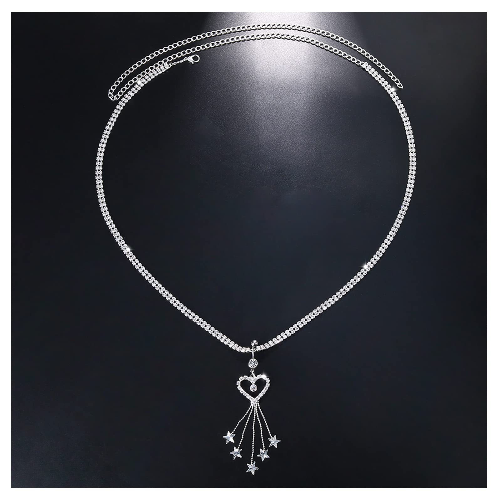 Rhinestone Heart Dangle Belly Button Ring with Waist Chain Crystal Piercing Navel Belly Chain Sexy Bikini Body Chain Jewelry Accessories for Women