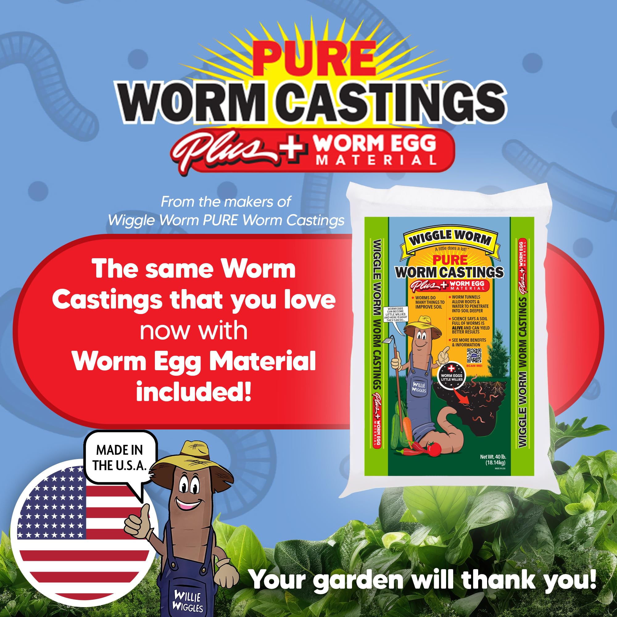 WIGGLE WORM Castings Plus Worm Egg Material, 40-Pounds - Fertilizer for Houseplants, Vegetables, and More - Earthworm Castings to Help Improve Soil Fertility and Aeration