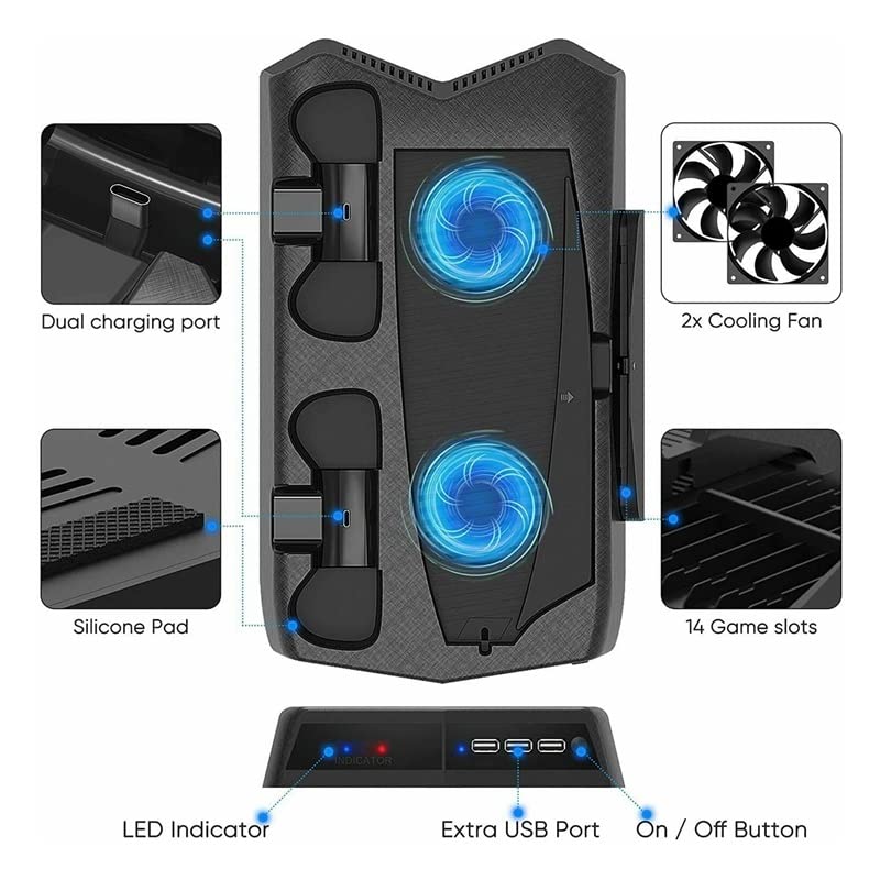 RENSLAT for PS5 Charging Stand Base with Cooling Fan and 3 USB Port Dual Controller Charger Storage Tray Bracket