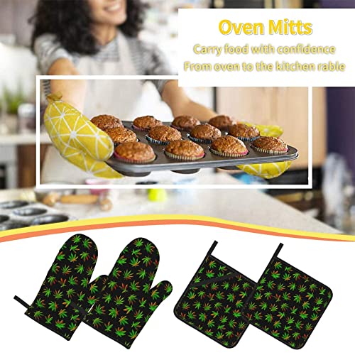 Oven Mitts and Pot Holders Sets Weed Leaf Print Oven Gloves Heat Resistant Potholders 4 Pcs Set Washable Non-Slip BBQ Gloves with Hanging Loop for Women Men Kitchen Baking Cooking Grilling