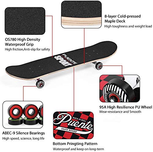 NACATIN Skateboard,Double Kick Deck Skateboard with 8-Layer Hard Maple Deck ABEC-9 Bearing PU Wheel for Adults,Youths,Girls,Beginners,400 lb