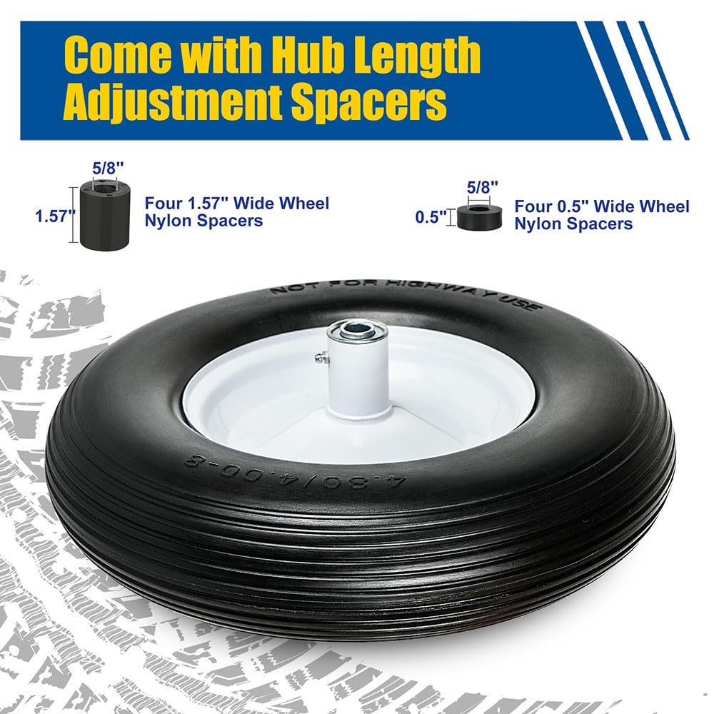 LotFancy 4.80/4.00-8” Flat Free Tire and Wheel, 16” Wheelbarrow Tire, 6” Centered Hub, 5/8” or 3/4” Bearings, Replacement for Wheelbarrows, Garden and Utility Carts, Trolleys, Wagon