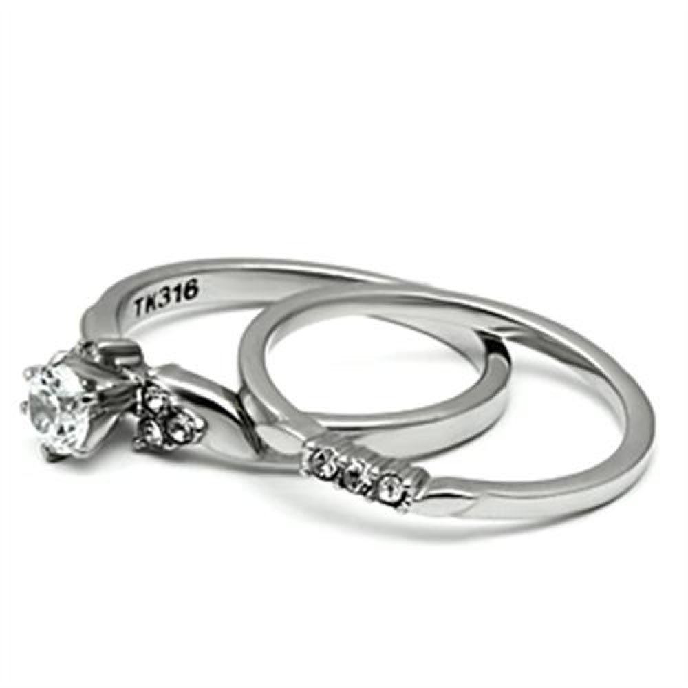 Mai Jewelry Shop & Hair Accessories Stainless Steel Round Solitaire CZ Engagement Ring and Wedding Ring Set