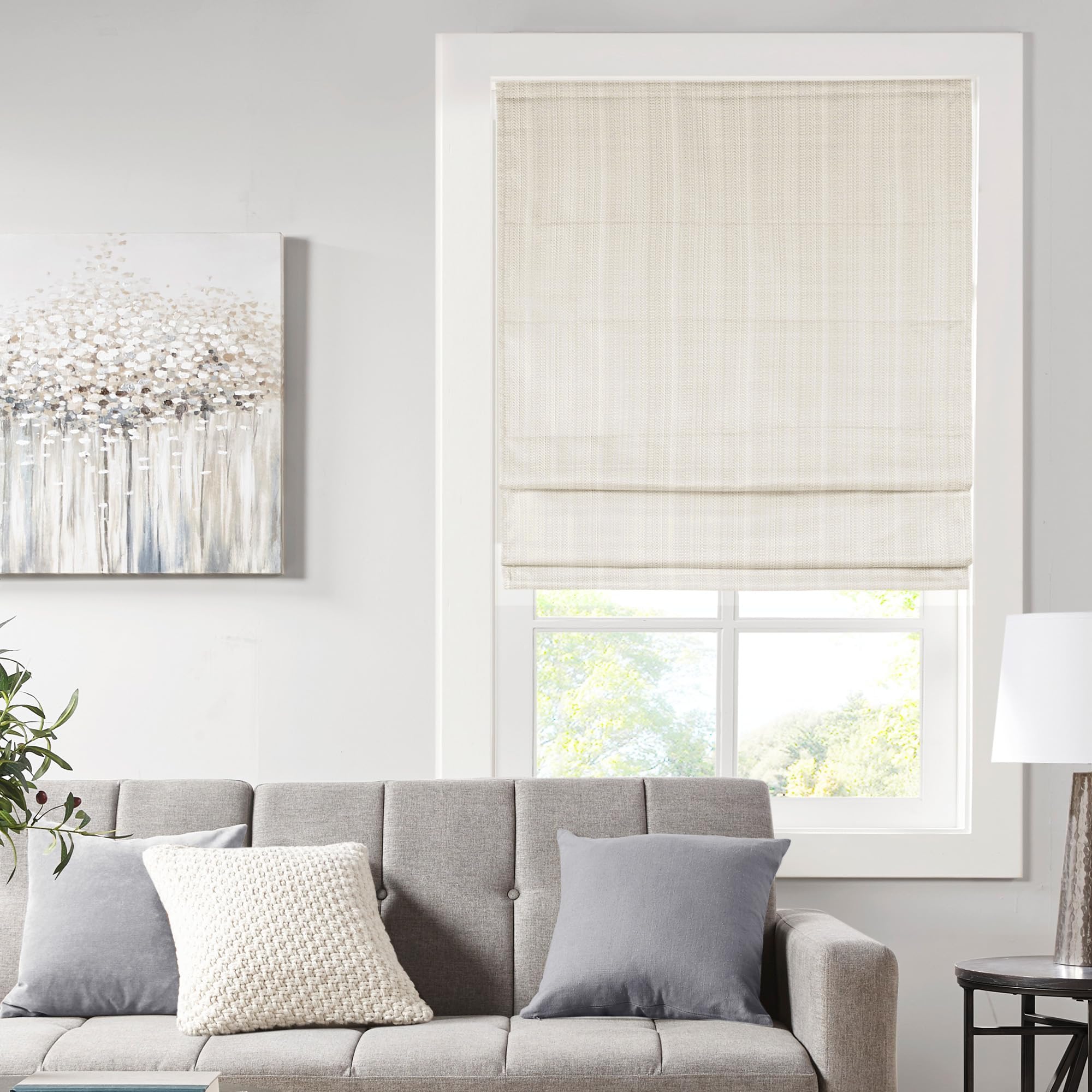 Madison Park Galen Cordless Roman Shades - Fabric Privacy Single Panel Darkening, Energy Efficient, Thermal Insulated Window Blind Treatment, for Bedroom, Living Room Decor, 35" x 64", Ivory