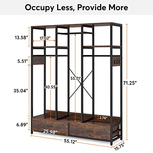 LITTLE TREE Clothes Rack with 2 Drawer and Shelves, Heavy Duty Wardrobe Closet Rack with 6 Hanging Hooks, Freestanding Closet System