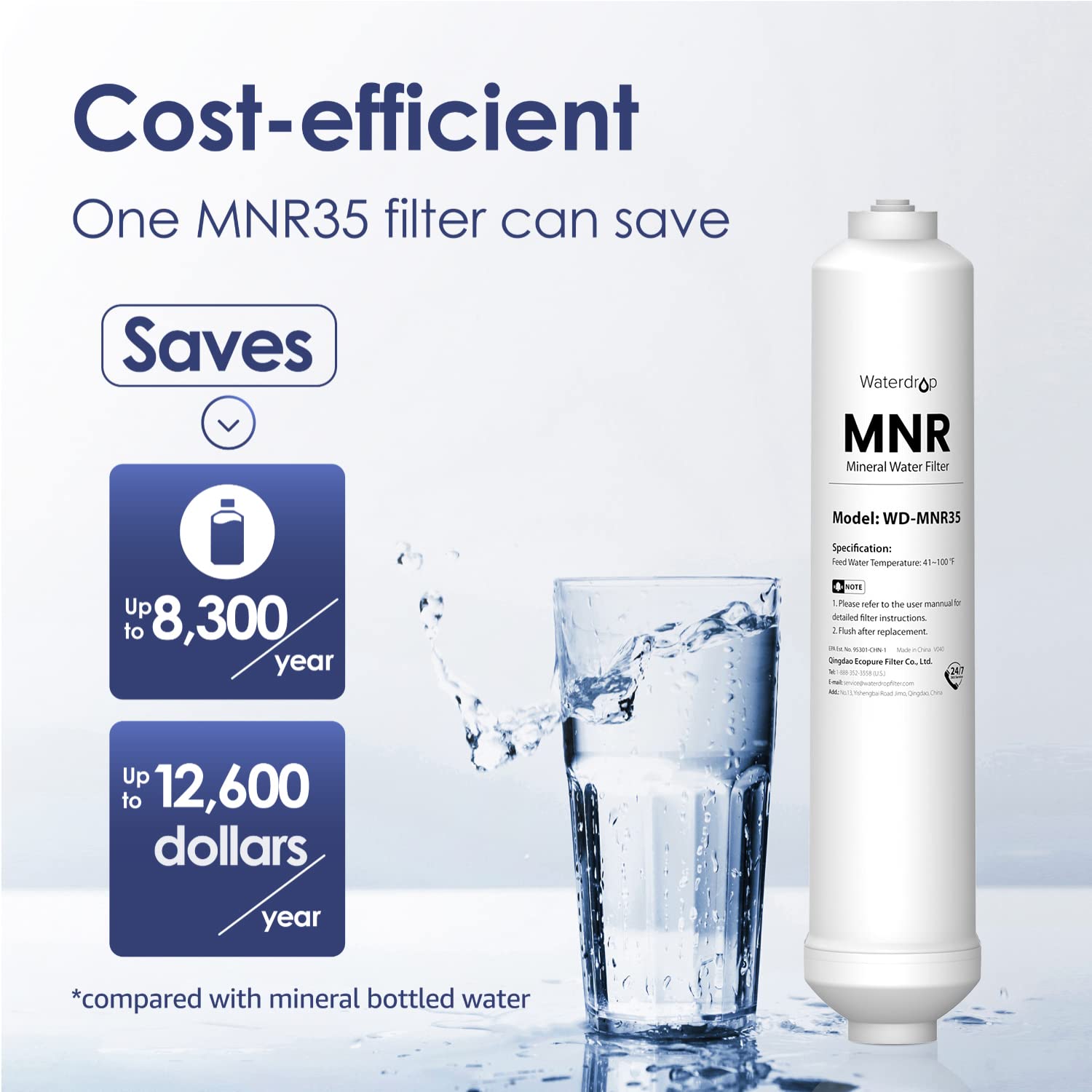 Waterdrop D6 Reverse Osmosis System with WD-MNR35 Remineralization Filter, Tankless, 600 GPD, 2:1 Pure to Drain, Smart LED Faucet, Reduce TDS, High Flow, USA Tech Support, Bundle