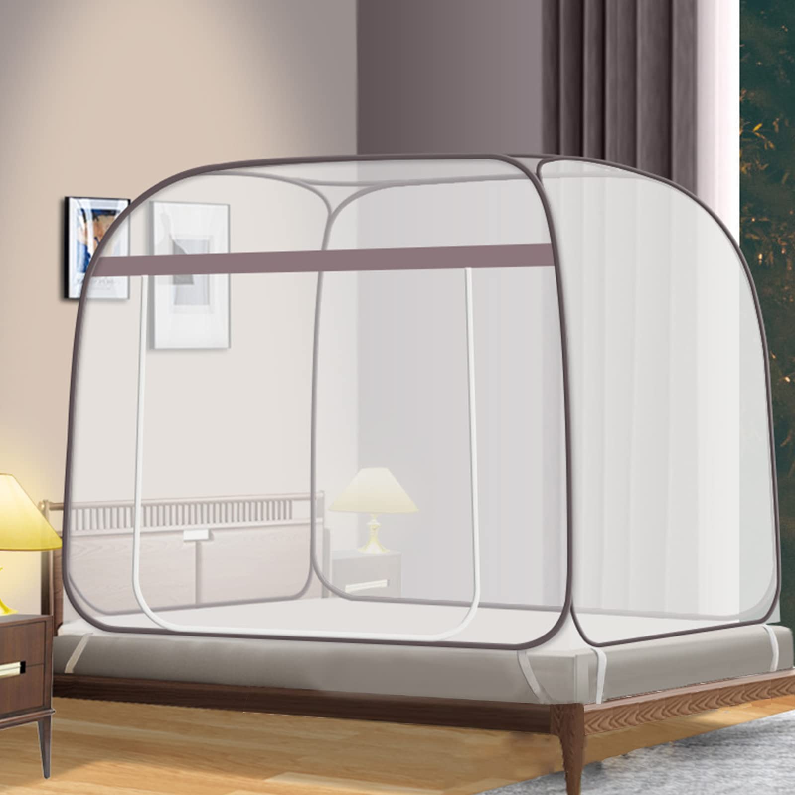 VOSNYA 88 * 80 * 60in, 5 Seconds Get Install, Self-Standing Pop-Up Mosquito Net with Bottom for Bed and for Camping, Folding Portable Design (Grey)
