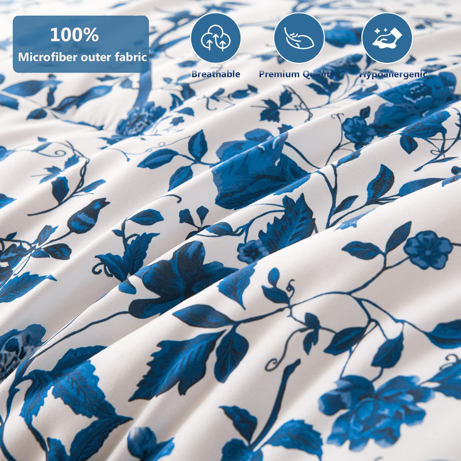 LLDSYW King Size Comforter Set - 7 Pieces Bed in a Bag Soft Microfiber Bedding Comforter Set Leaves Floral Pattern on White Comforter Sets with Sheets for All Seasons (King, Blue)