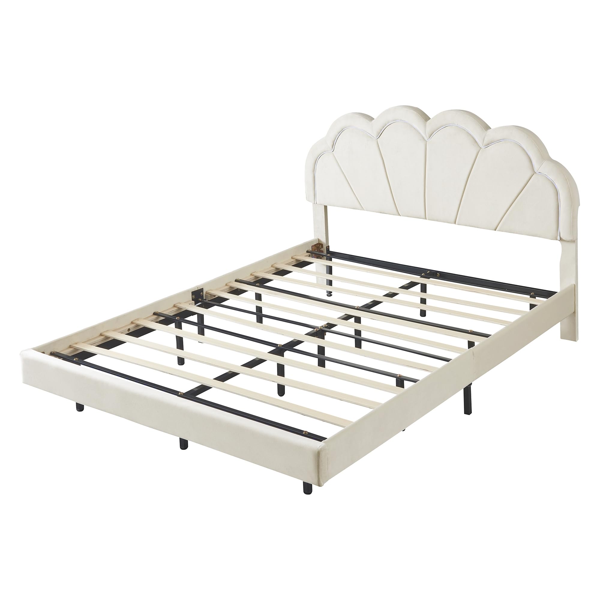 Queen Bed with Storage and LED Lights, Modern Upholstered Platform Beds with 4 Storage Drawer, LED Bed Frame with Tufted Headboard and Slats Support, No Spring Box Needed, Queen Size, Linen Gray