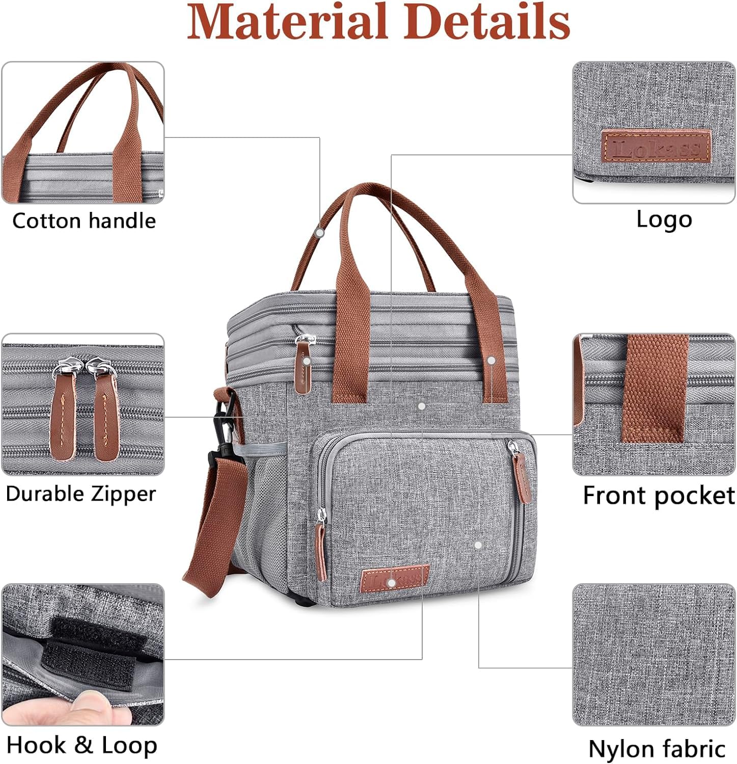 LOKASS Lunch Bag for Women/Men Work, 16L Expandable Double Deck Lunch box, Waterproof Leak-proof Cooler Bag, Portable Meal Prep Lunchbag with Adjustable Shoulder Strap-Grey