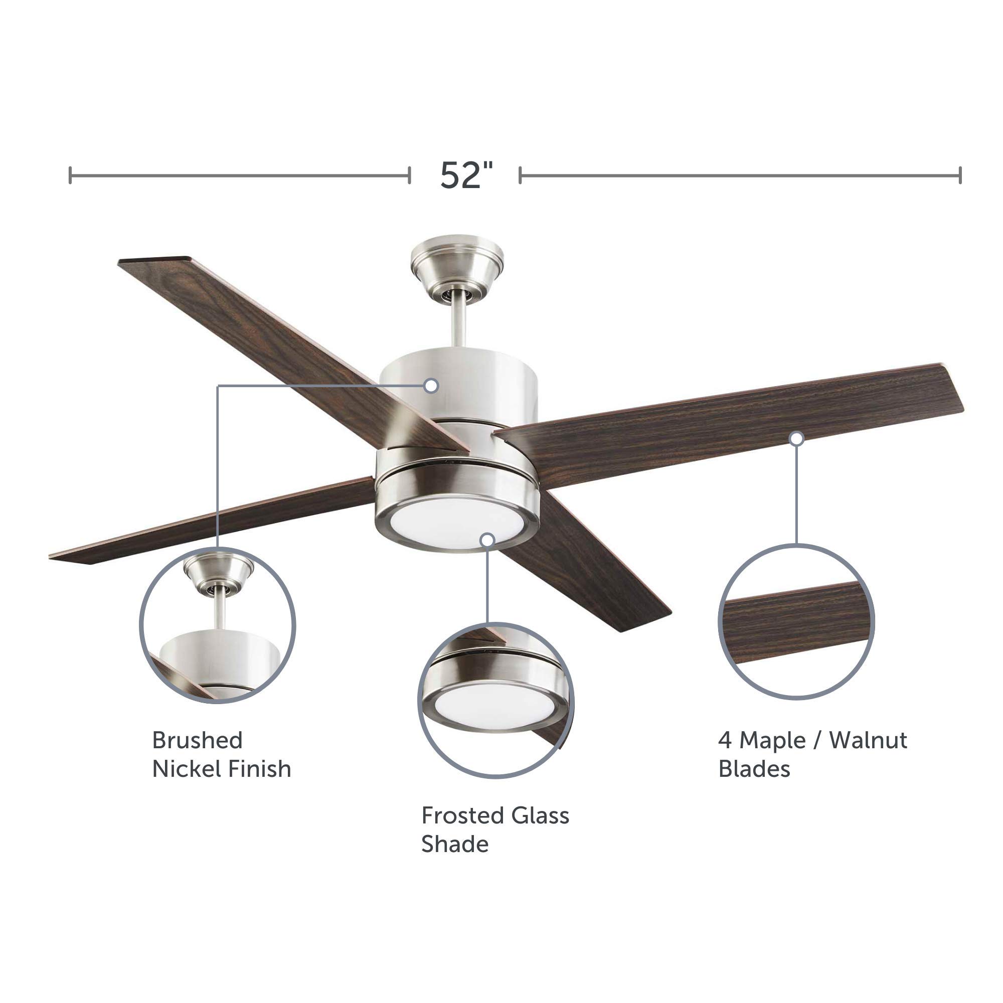NOMA Ceiling Fan with Light | Reversible Maple or Distressed Walnut Blades | Dimmable with Remote | Brushed-Nickel Finish, 52-Inch