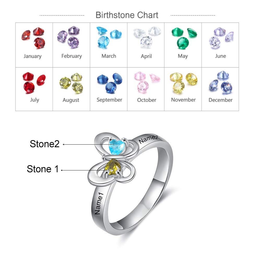 Personalized Butterfly Ring with 2 Names Engraved 2 Heart Simulated Birthstones for Women BFF Anniversary Rings Mom Daughter Ring Personalized (Size 9)