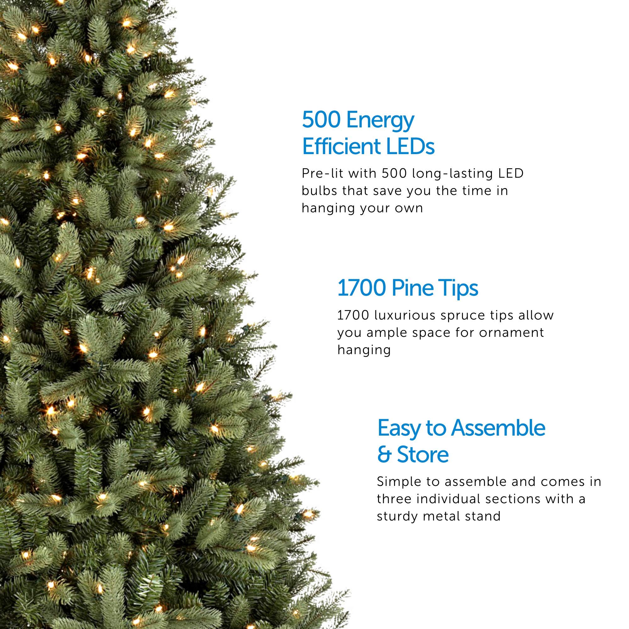 NOMA CTI1514418 7.5 Foot Winston Artificial 1789 Branch Tips Spruce Prelit with 500 Warm White LED Lights Holiday Christmas Tree, Green
