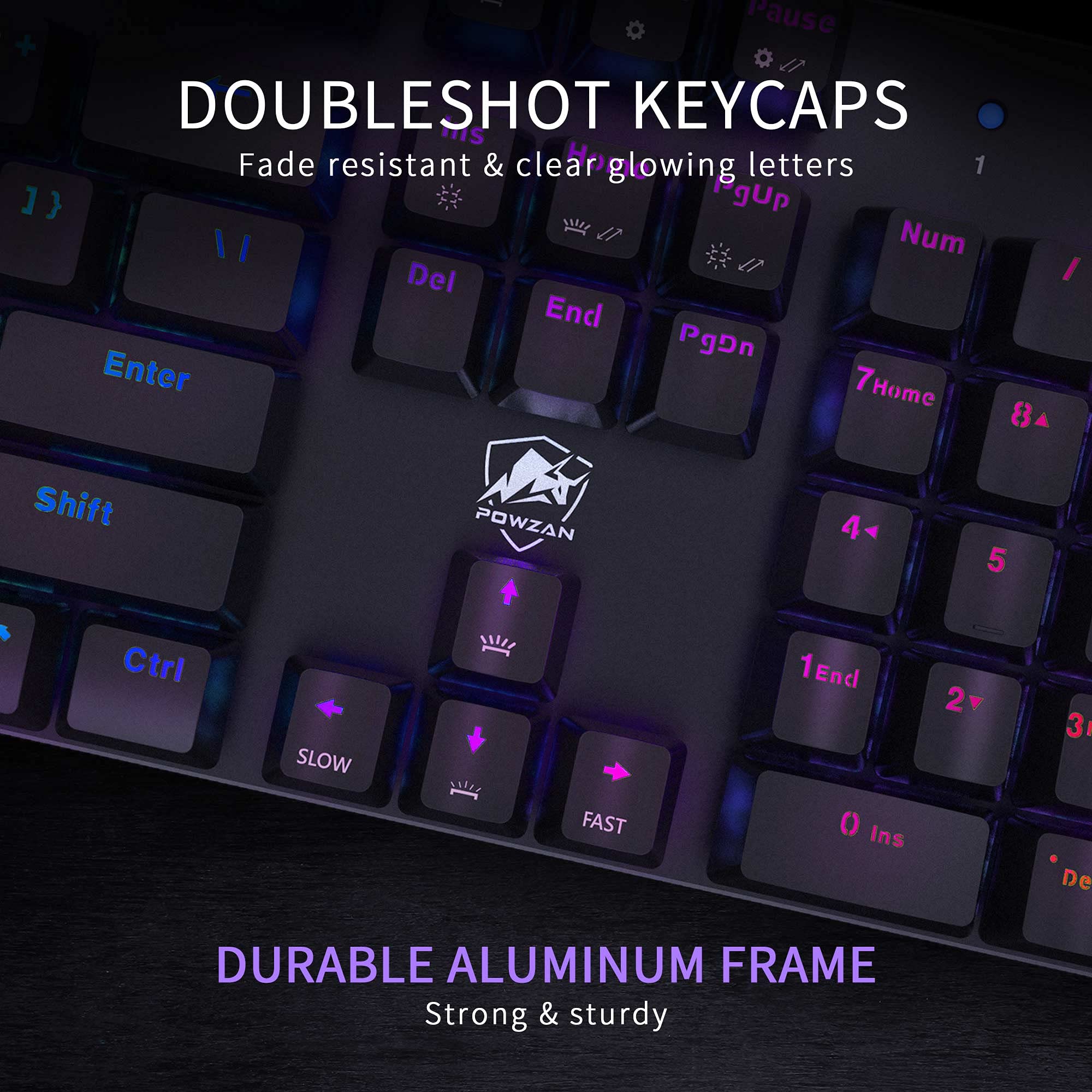 POWZAN Mechanical Optical Gaming Keyboard Wired - RGB LED Rainbow Backlit Light Up Key with Tactile and Clicky Blue Switch for Computer, Windows PC Gamers - 104 Keys Full Size, Aluminum Black