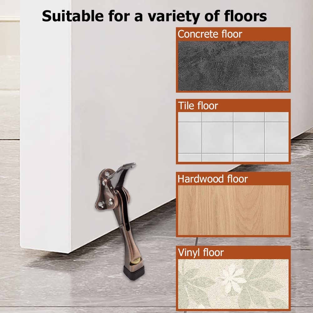 Premium One-Touch Door Stopper with Non-Slip Rubber Tip - Metal Design for Wood, Concrete, Ceramic Tiles, Carpets - 4-inch Size - Ideal for Home or Office Use (Antique Bronze)