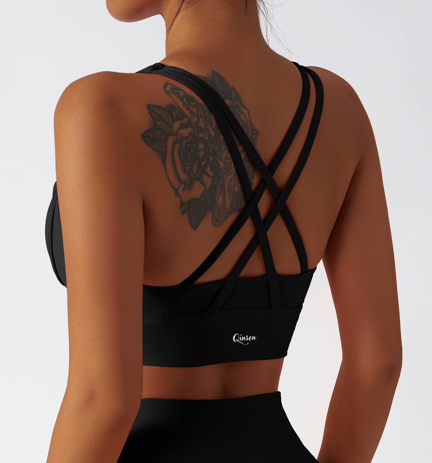 QINSEN Black Sports Bra for Women U Neck Workout Running Supportive Strappy Crop Tops L