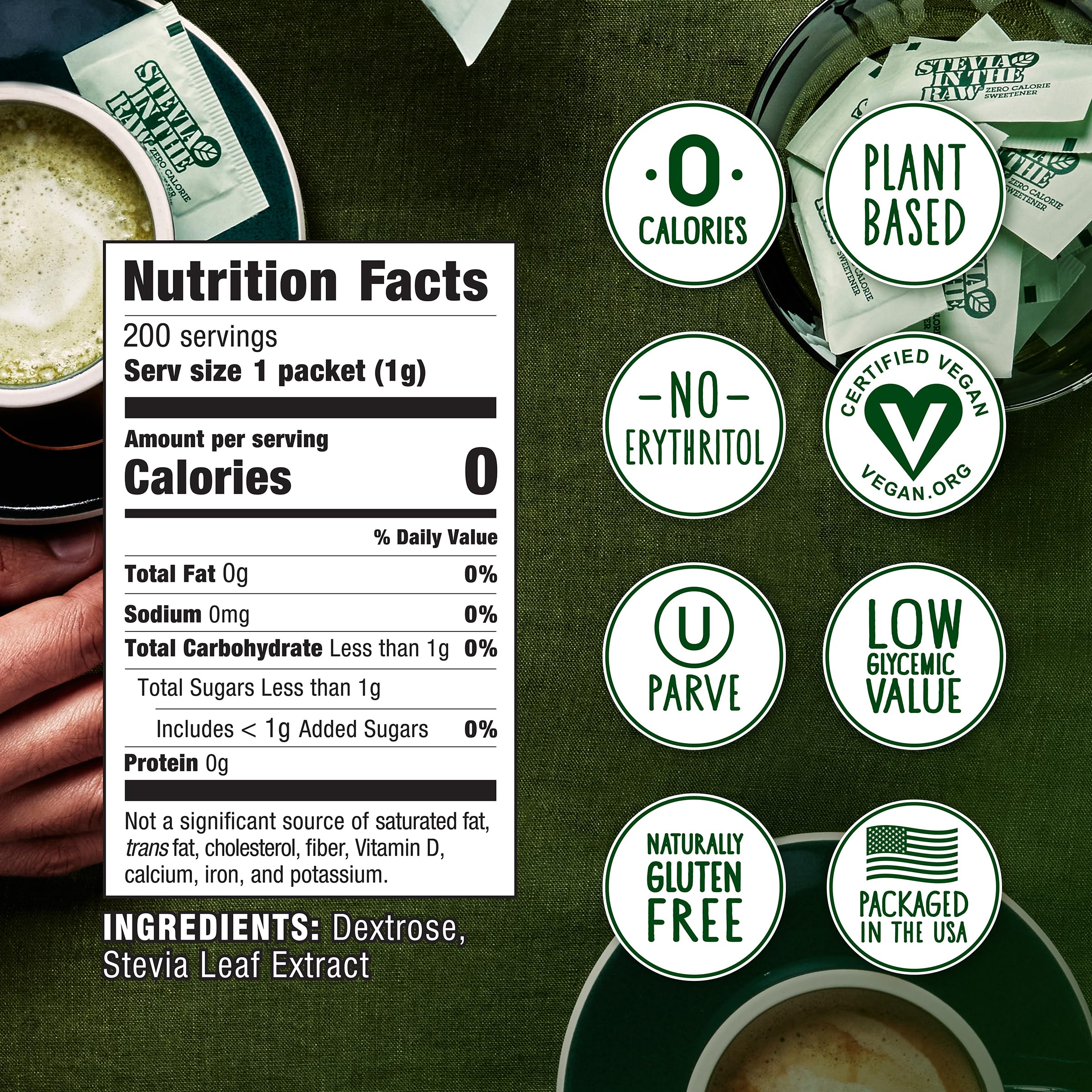 Stevia In The Raw, Plant Based Zero Calorie, No Erythritol, Sugar Substitute, Sugar-Free Sweetener for Coffee, Hot & Cold Drinks, Suitable For Diabetics, Vegan, Gluten-Free, 200 Count Packets (1 Pack)