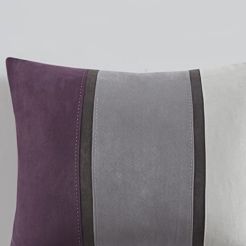 Madison Park Palisades Comforter Set Modern Faux Suede Pieced Stripe Design, All Season Down Alternative Cozy Bedding with Matching Shams, Decorative Pillows, Queen(90"x90"), Purple 7 Piece
