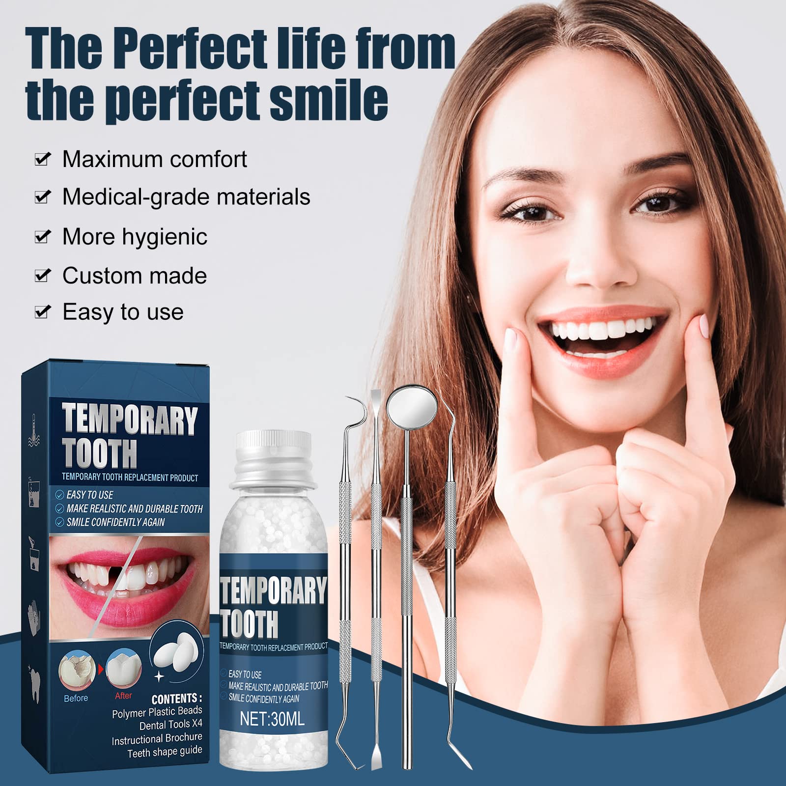 Tooth-Repair-Kit Fixing-The-Missing-and-Broken-Tooth-Replacements Temporary-Teeth-Filling-Repair-Kit-with-Mouth-Mirror Tartar-Scraper Dental-Probe Gum-Cleaner Regain-Confidence-Smile