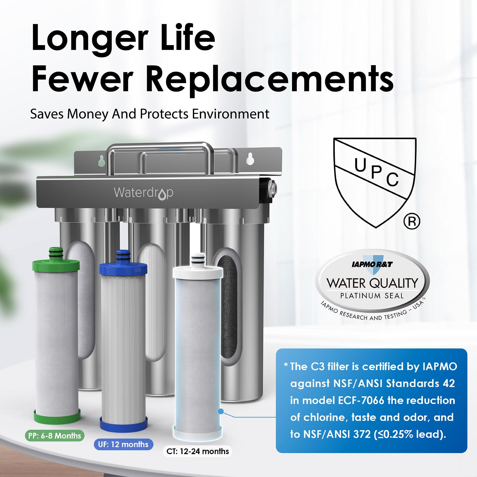Waterdrop TST-UF 0.01μm Ultra-Filtration Under Sink Water Filter, Stainless Steel, 5X Service Life,Remove 99.99% of Contąminants Larger Than 0.01μm, USA Tech (3 Filter Included)