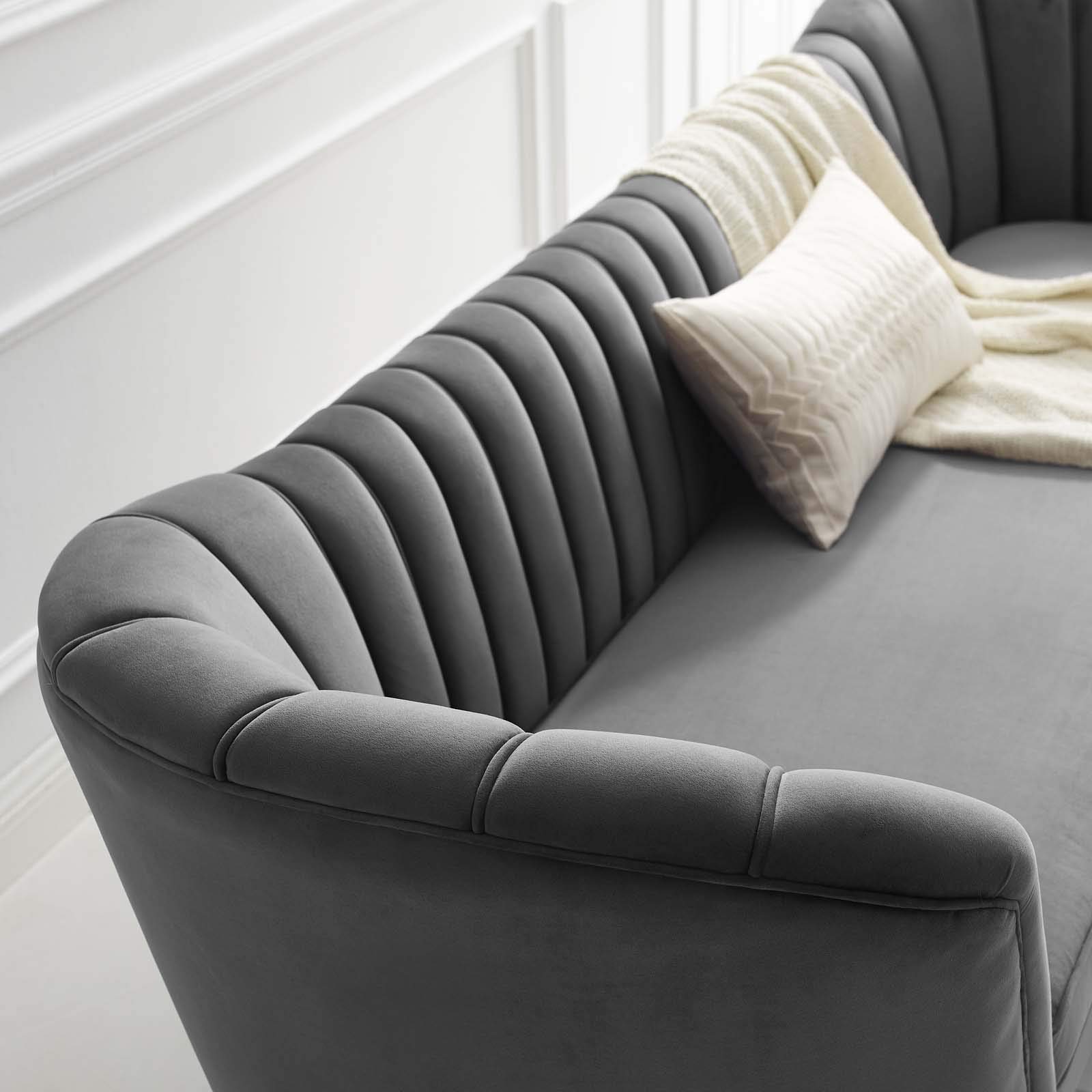 Modway Opportunity Channel Tufted Curved Back Upholstered Performance Velvet Sofa in Gray