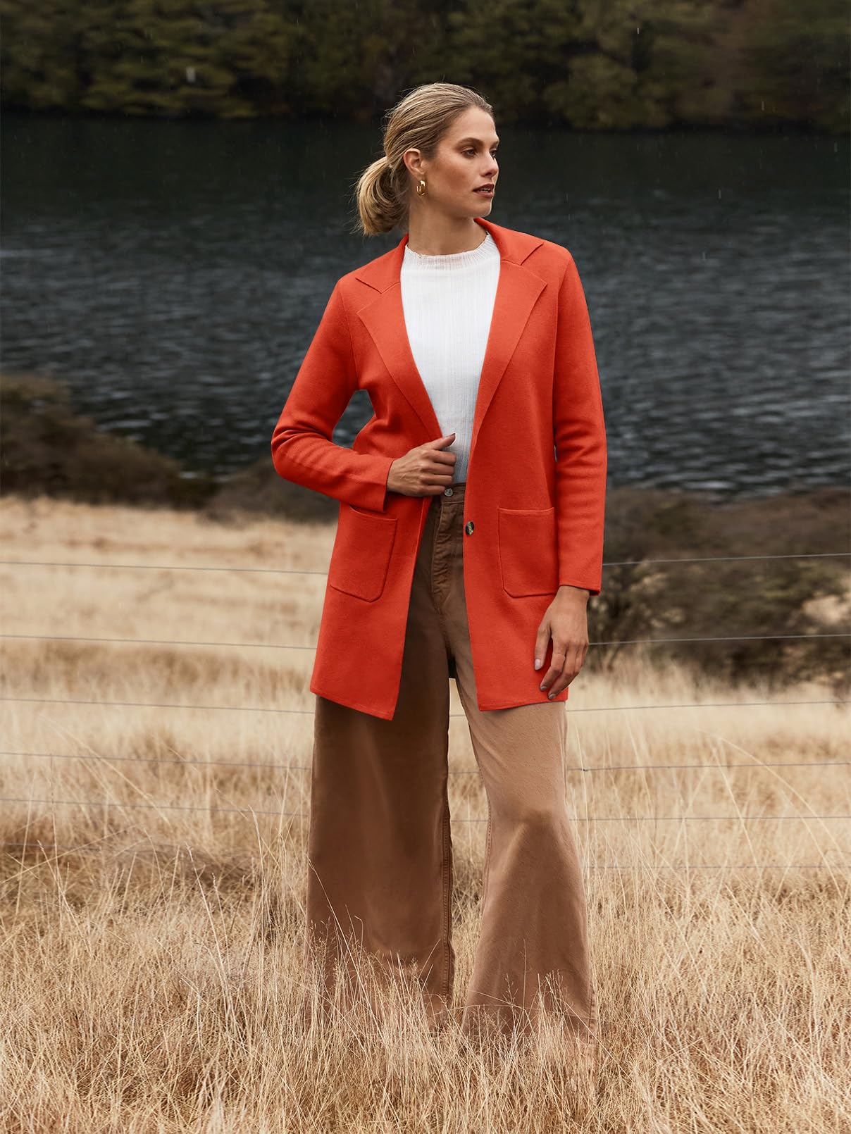 MEROKEETY Women's Casual Knit Blazer Jacket Button Down Elegant Work Office Coatigan Sweater for Fall Winter, Orange, Medium