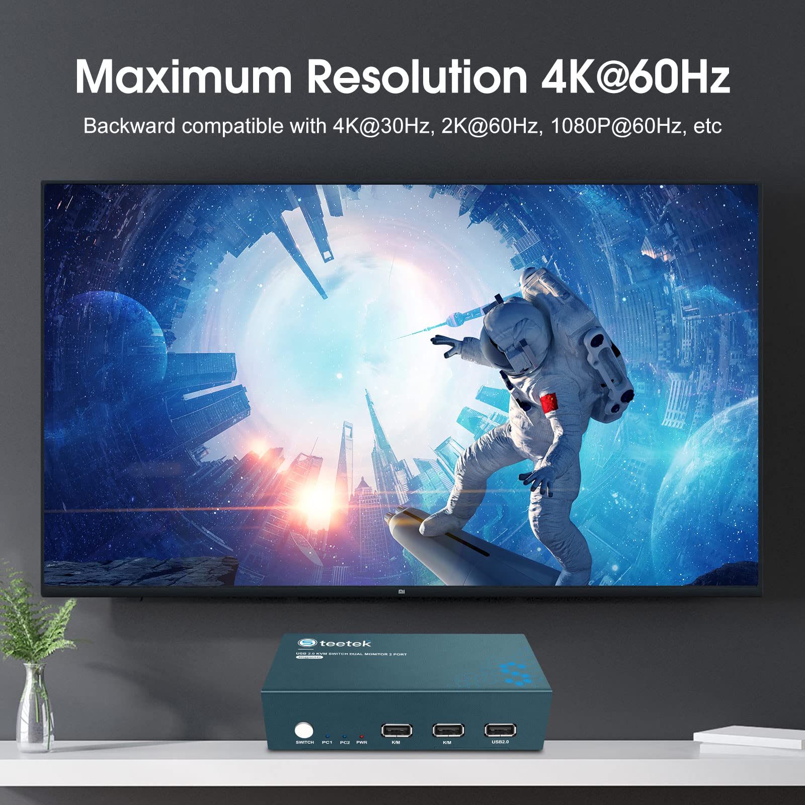 Steetek HDMI Dual Monitor KVM Switch 4K@60Hz, HDMI 2.0 2 Monitors 2 Computer KVM Switch, with USB 2.0 & USB 1.1 Ports, HDCP 2.2, Button Switch & Hotkey Switch