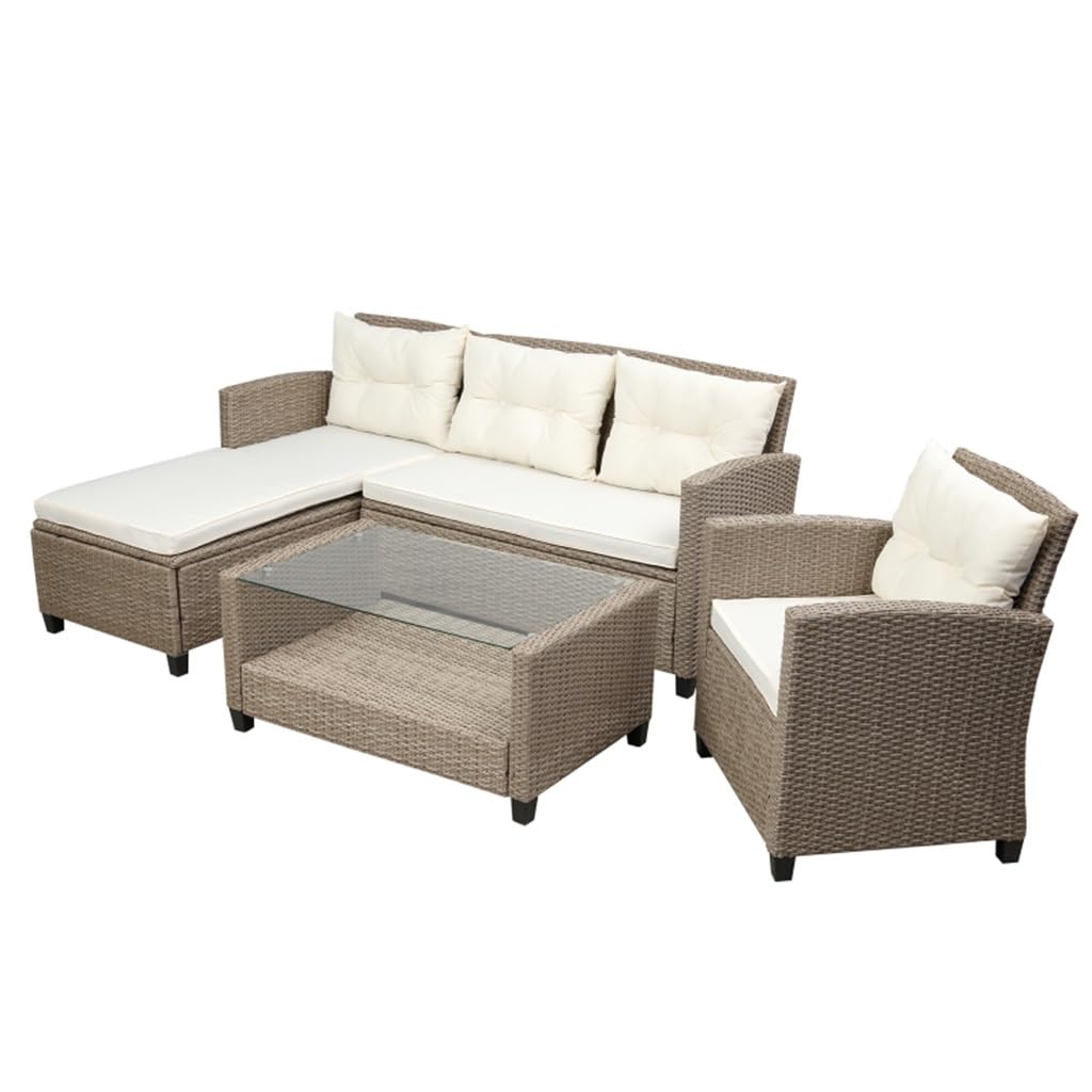 LIUZH Beige Brown Outdoor, Patio Furniture Sets, 4 Piece Conversation Set Wicker Ratten Sectional Sofa