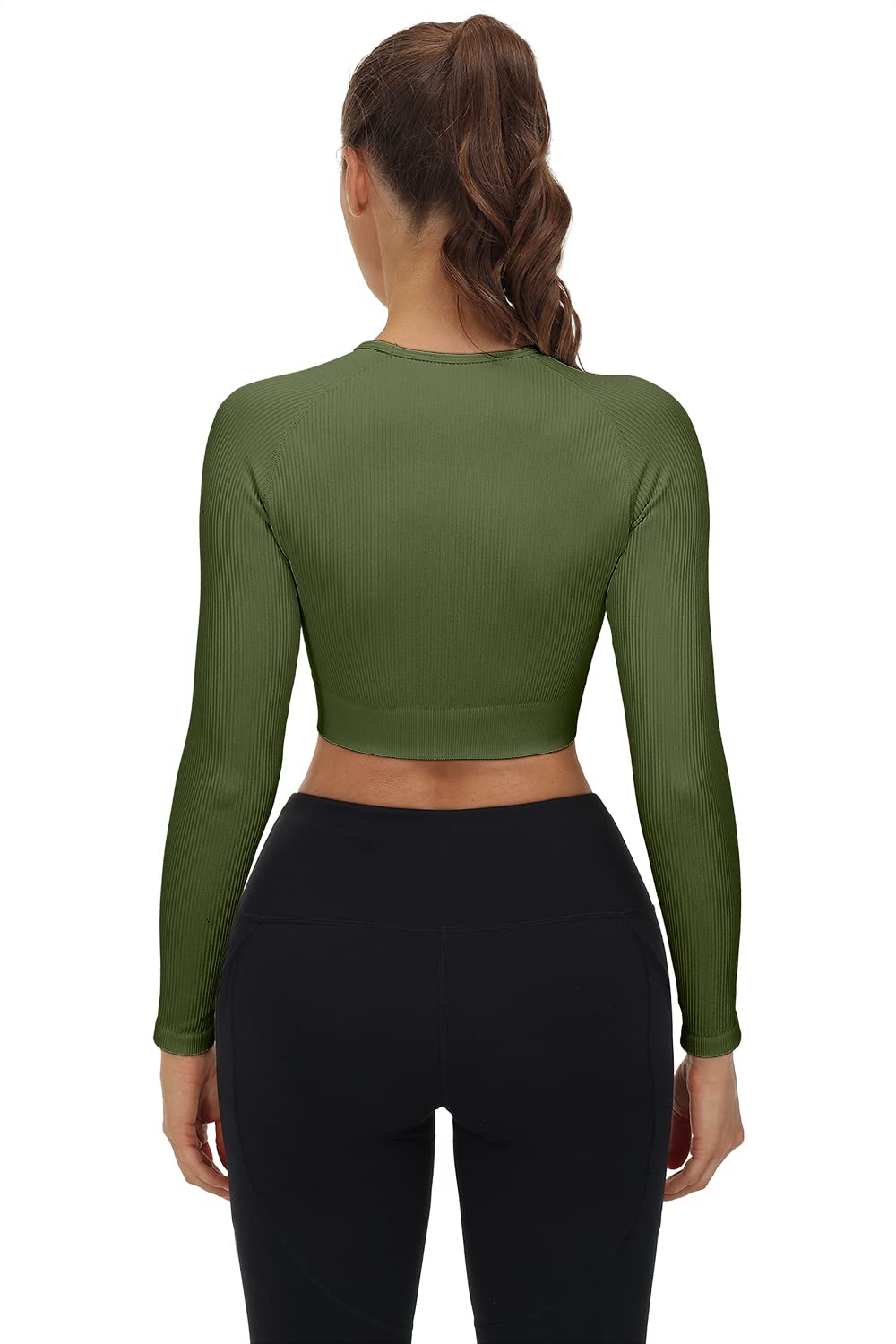 QINSEN Womens Stretch Exercise Training Tops Ribbed Long Sleeve Crewneck Workout Sport Shirts Olive Green M