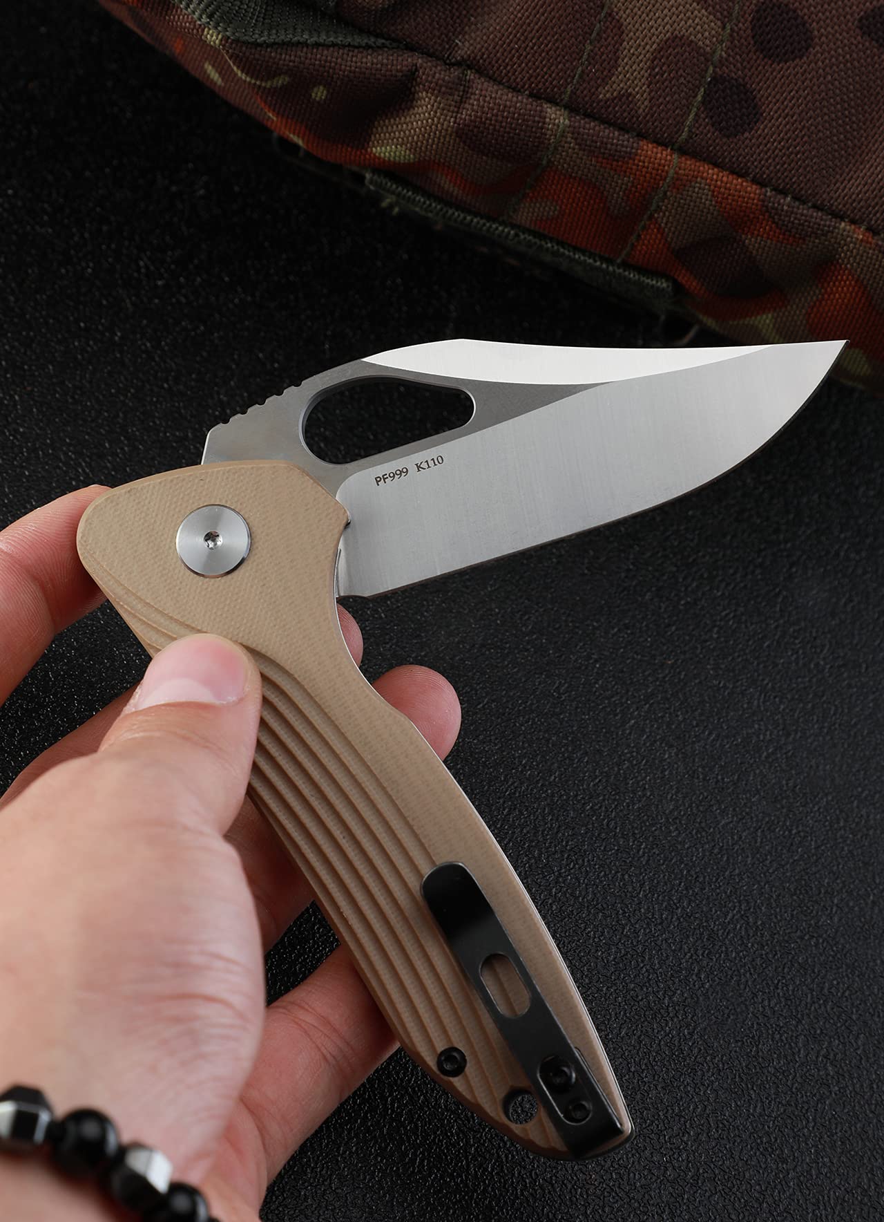Petrified fish PF999 Original k110 steel blade folding knife ceramic ball bearing G10 handle outdoor camping hunting edc tool (Black)