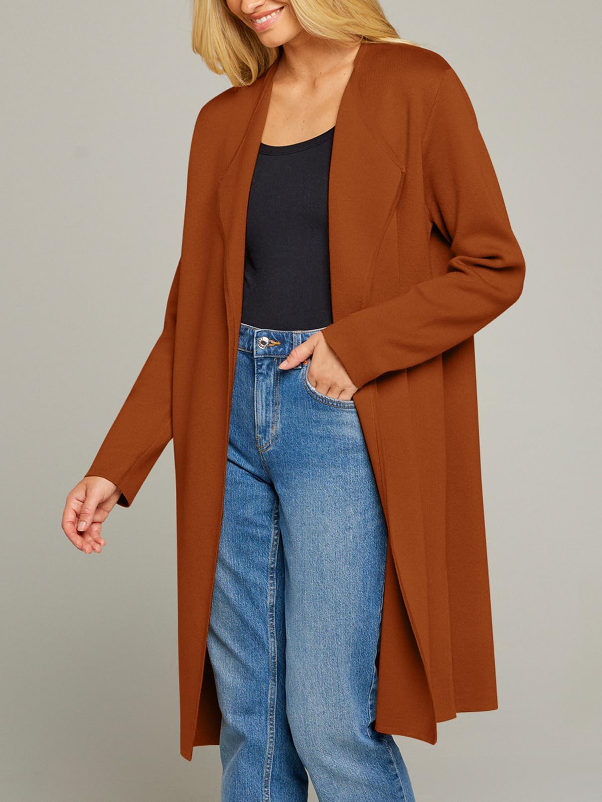 MEROKEETY Womens Fall Long Sleeve Dressy Cardigan Classy Loose Cozy Knitted Long Sweater Jackets, Caramel, L