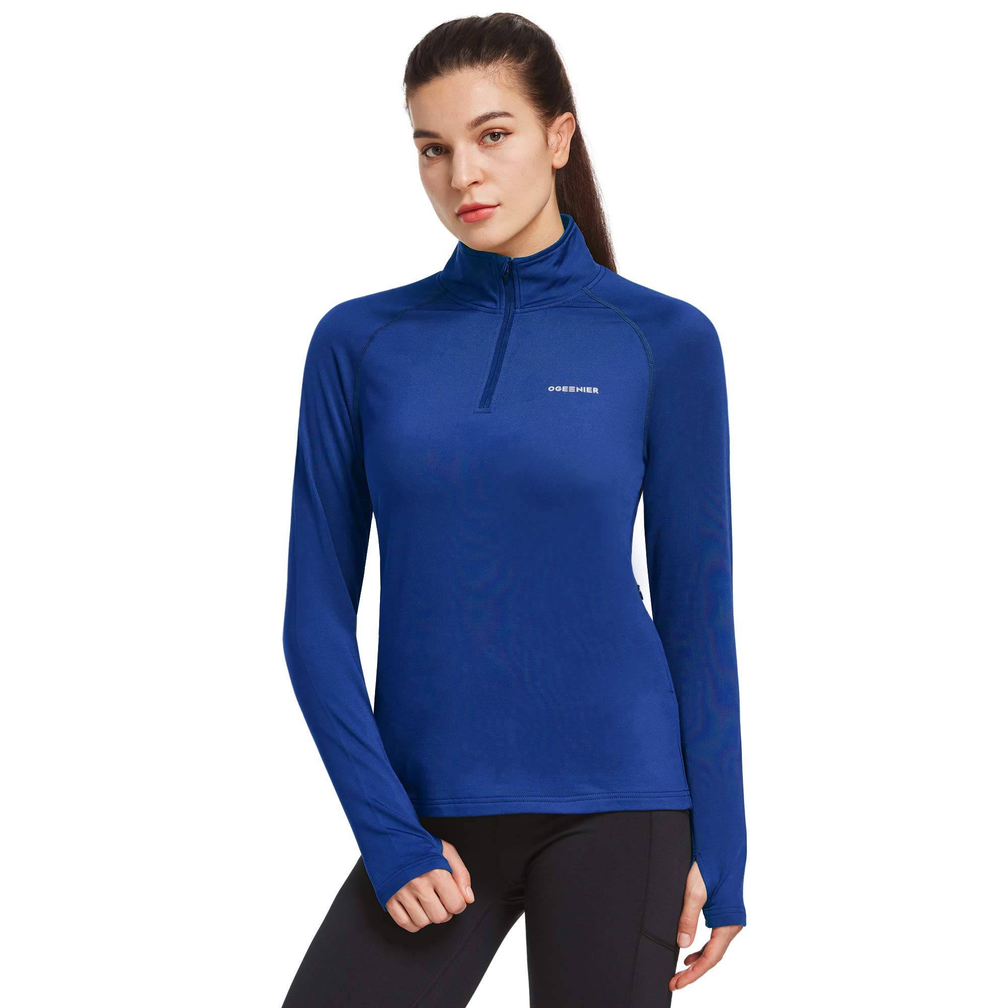 OGEENIER Women's Fleece Pullover Quarter Zip Thermal Shirts Running Long Sleeve Workout Shirts, Navy, XL