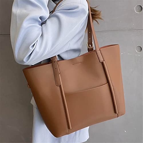 Thick All-Match Temperament Leather Women's Bag Oil Wax Bucket Bag Large-Capacity Portable Tote Shoulder Bag (Color : White-Patch Five-Pointed star4, Size : 29 * 12 * 27cm)