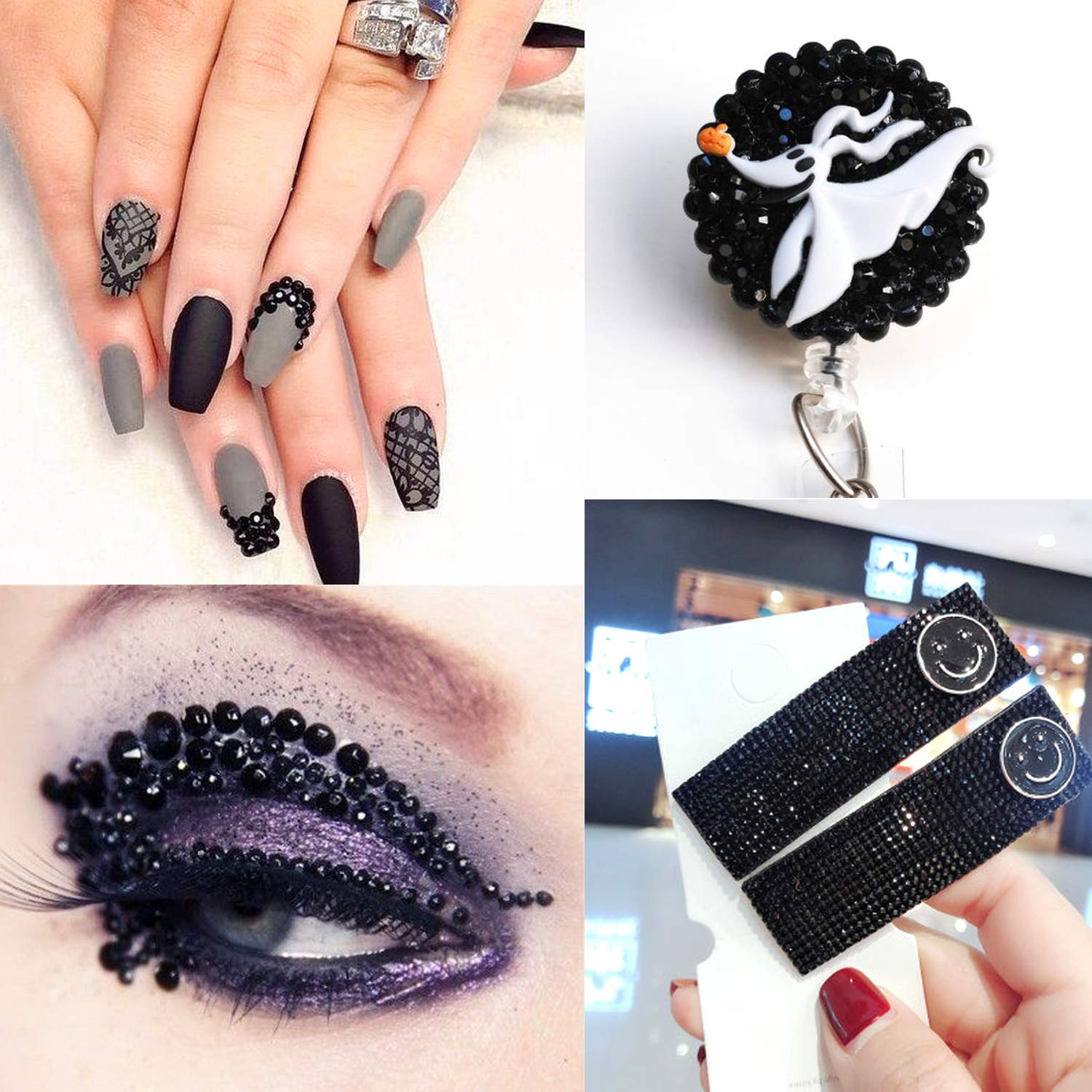 Outuxed 3200pcs Black Rhinestones 6 Size(1.6-6.4mm) FlatBack Crystal Rhinestones Gems for Crafts with Tweezers and Picking Pen