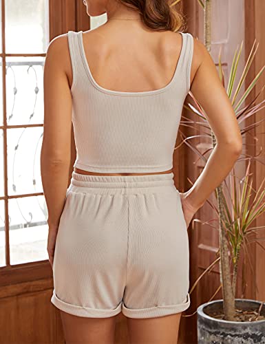 MEROKEETY Women's Summer Ribbed Pajama Set Tank Top and Shorts Sleeveless Lounge Sets Outfits with Pockets Beige